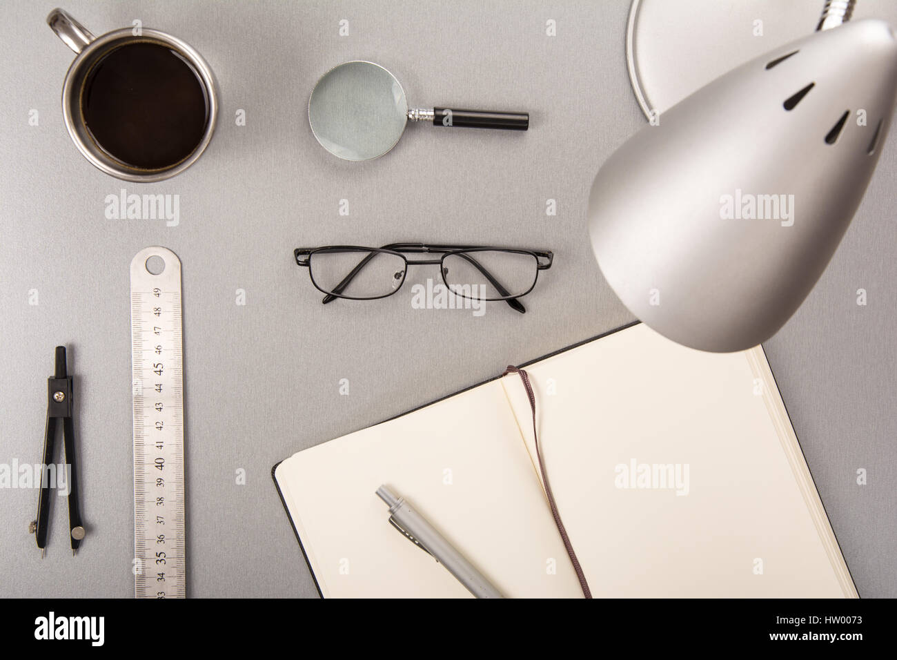 High angle view of a Collection of various desk elements Stock Photo ...