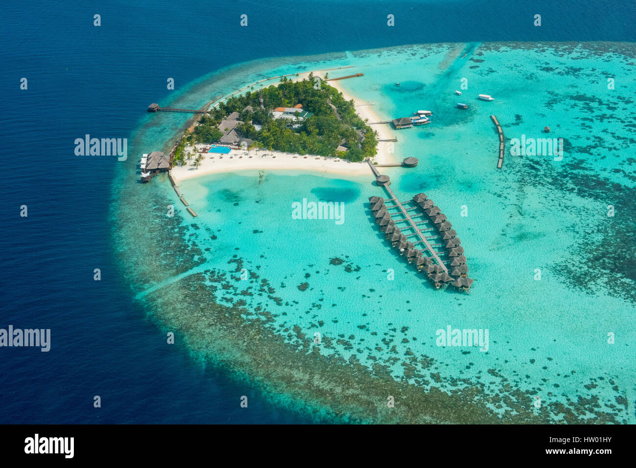 Maldives, flight over the atolls and islands in the Indian Ocean Stock ...