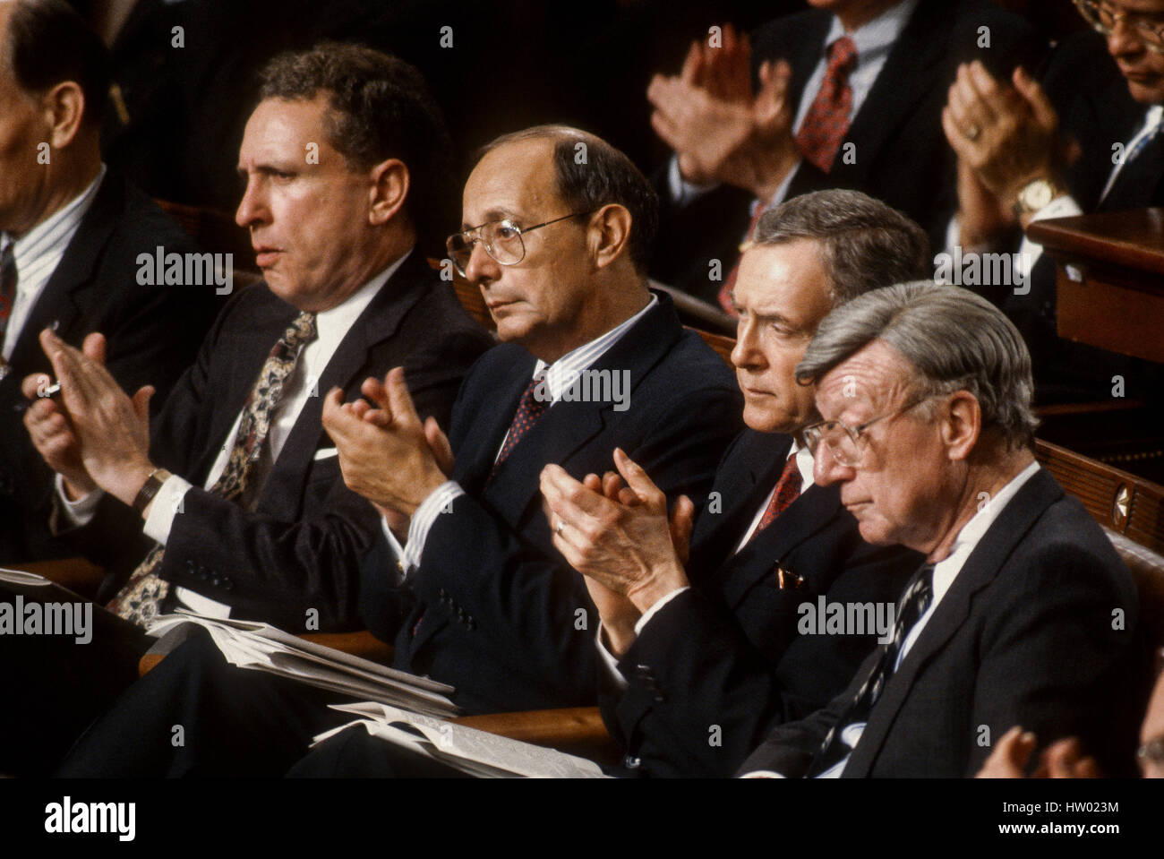 Senators (l>r) Jake Garn, Arlan Spector, Al D'Amato, Orrin Hatch, and ...