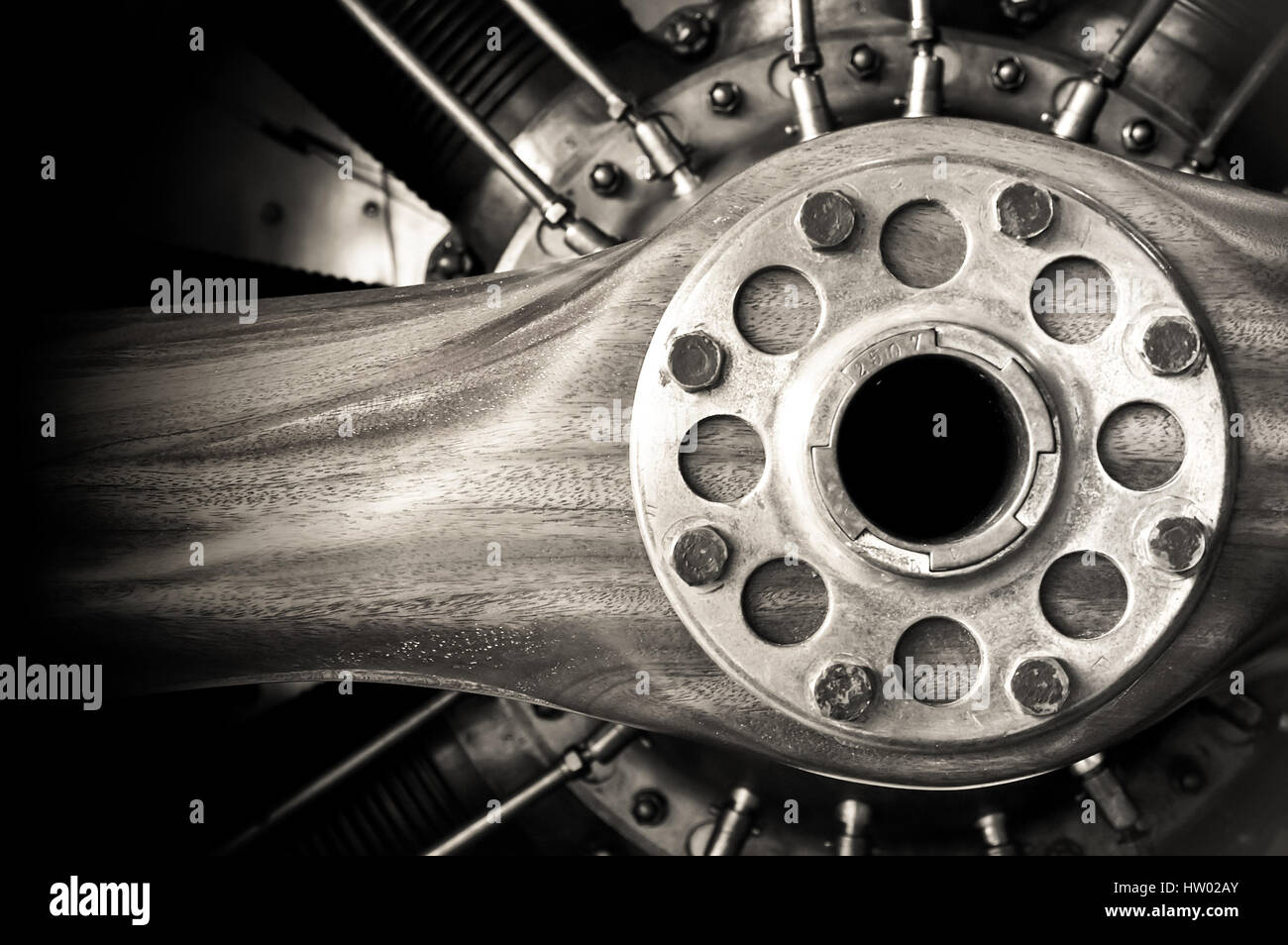 sepia toned vintage aircraft propeller and engine cylinders Stock Photo ...
