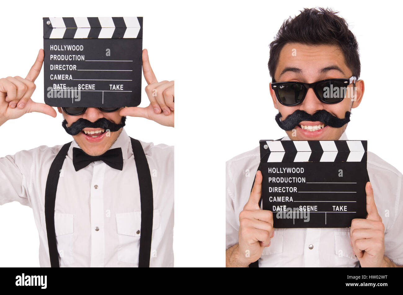 Whiskered young man with clapperboard isolated on white Stock Photo - Alamy