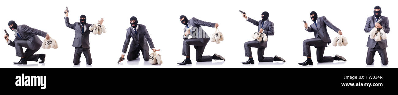 Gangster with bags of money on white Stock Photo - Alamy
