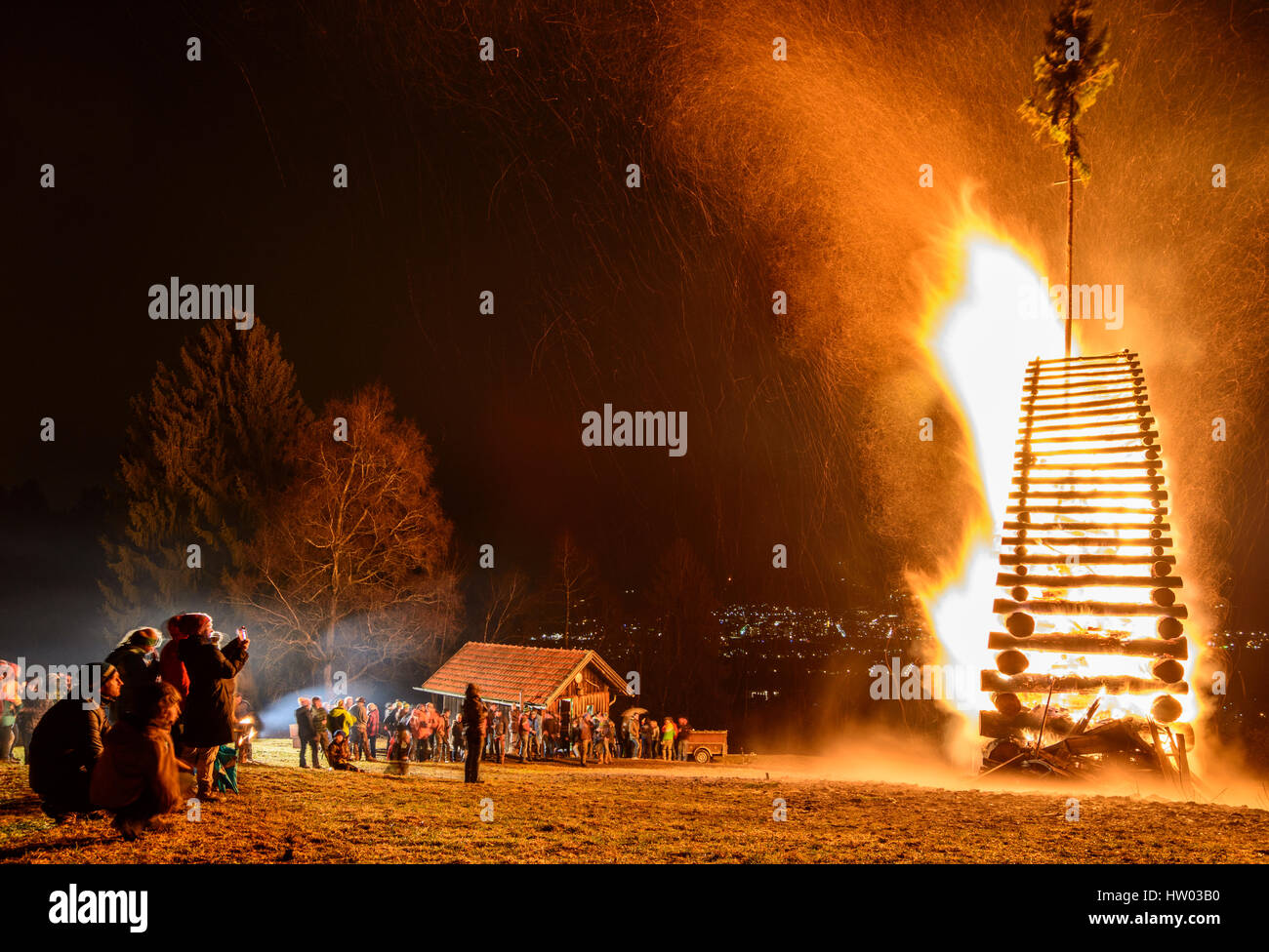 Sonthofen, bonfire (Funkenfeuer, Funken) in village Hüttenberg, view to ...