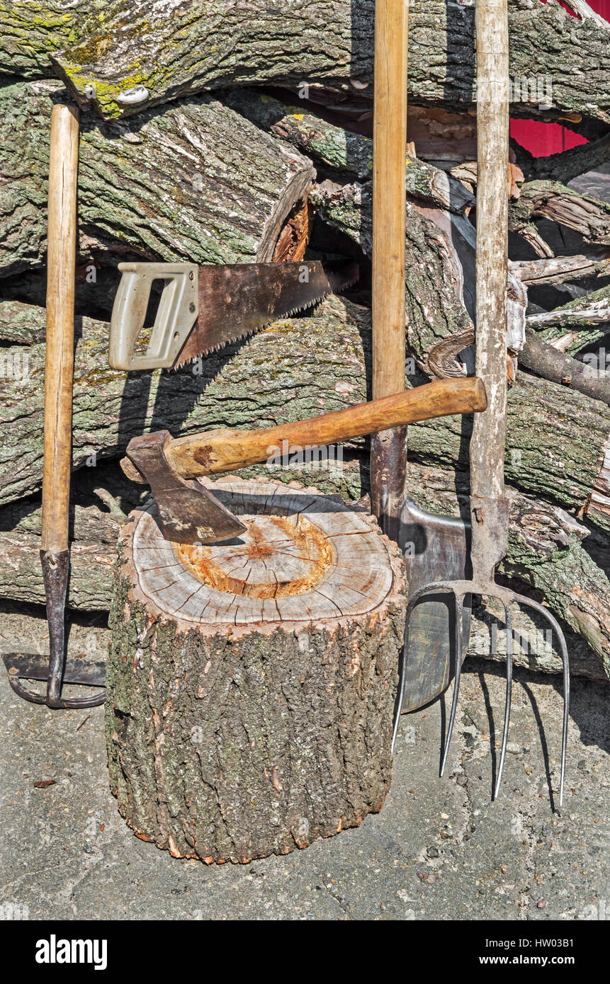 Set of old rural tools on a background of a heap of logs Stock Photo ...