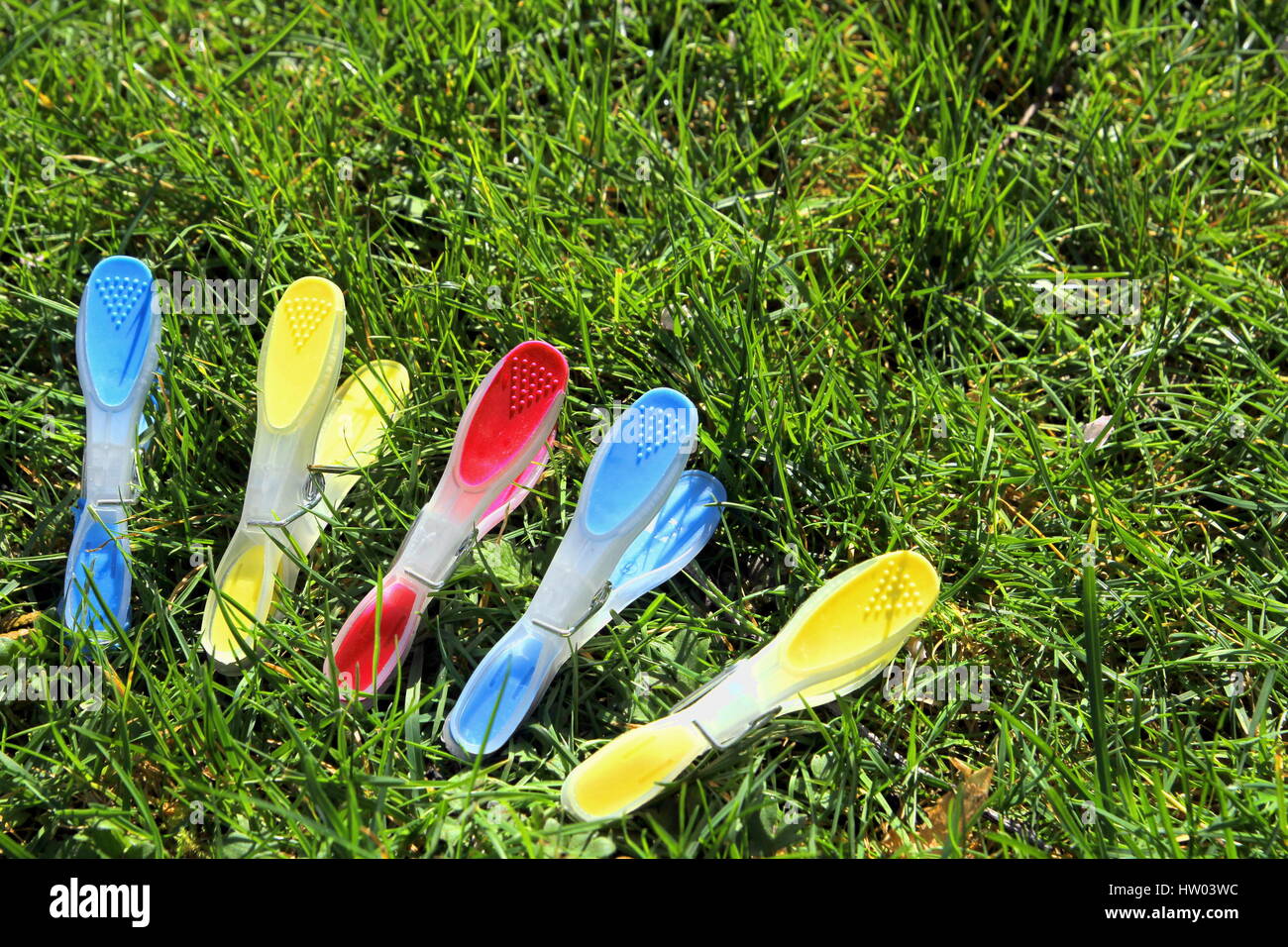 Blue, yellow and red clothes pegs or clothespins on green grass Stock ...