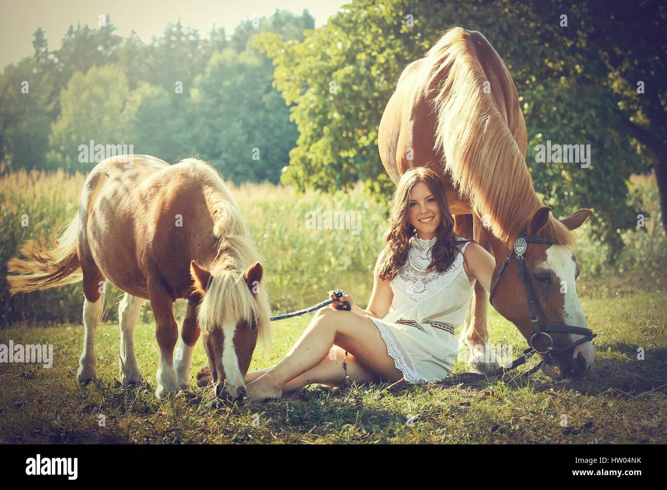 woman and Ponies Stock Photo - Alamy