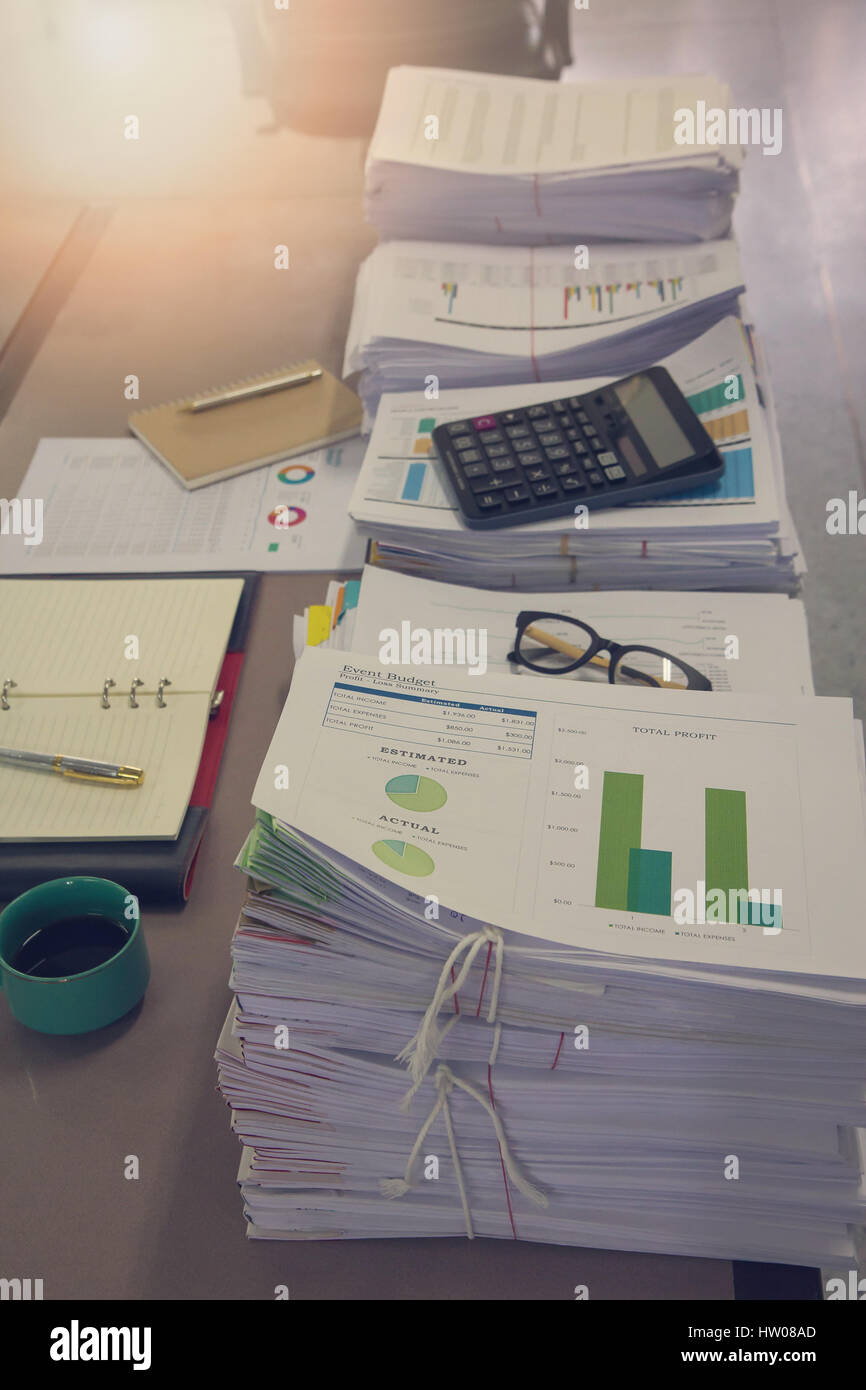 Business Concept, Pile of unfinished documents on office desk, Stack of ...