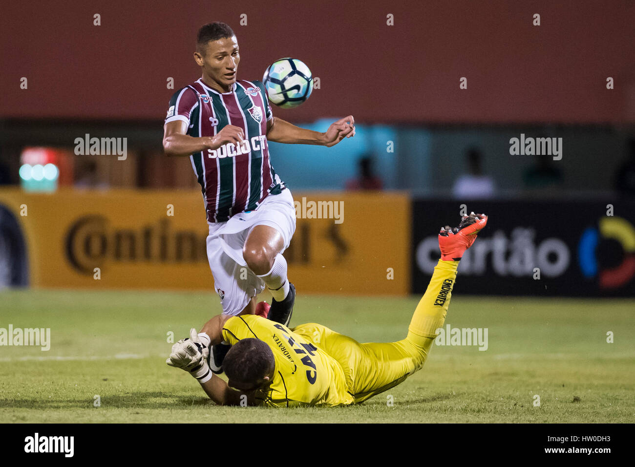 Mesquita, Brazil. 15th Mar, 2017. Richarlison pederde face of goal with ...