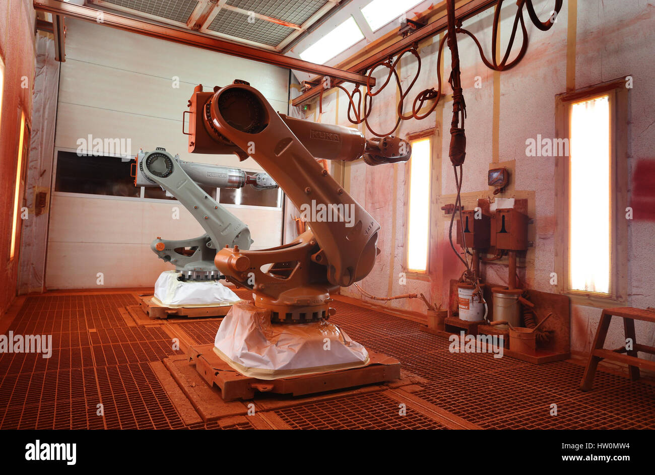Augsburg, Germany. 22nd Mar, 2017. Kuka robots can be seen in a paint ...