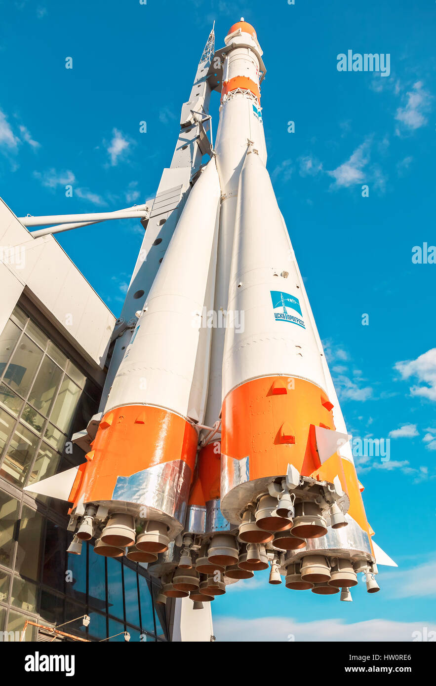 SAMARA, RUSSIA - APRIL 11, 2015: Real "Soyuz" type rocket as monument ...