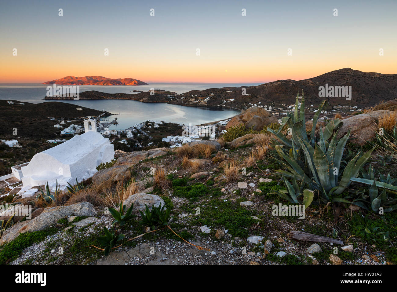 Morning view of the harbor of Ios island in Greece Stock Photo - Alamy