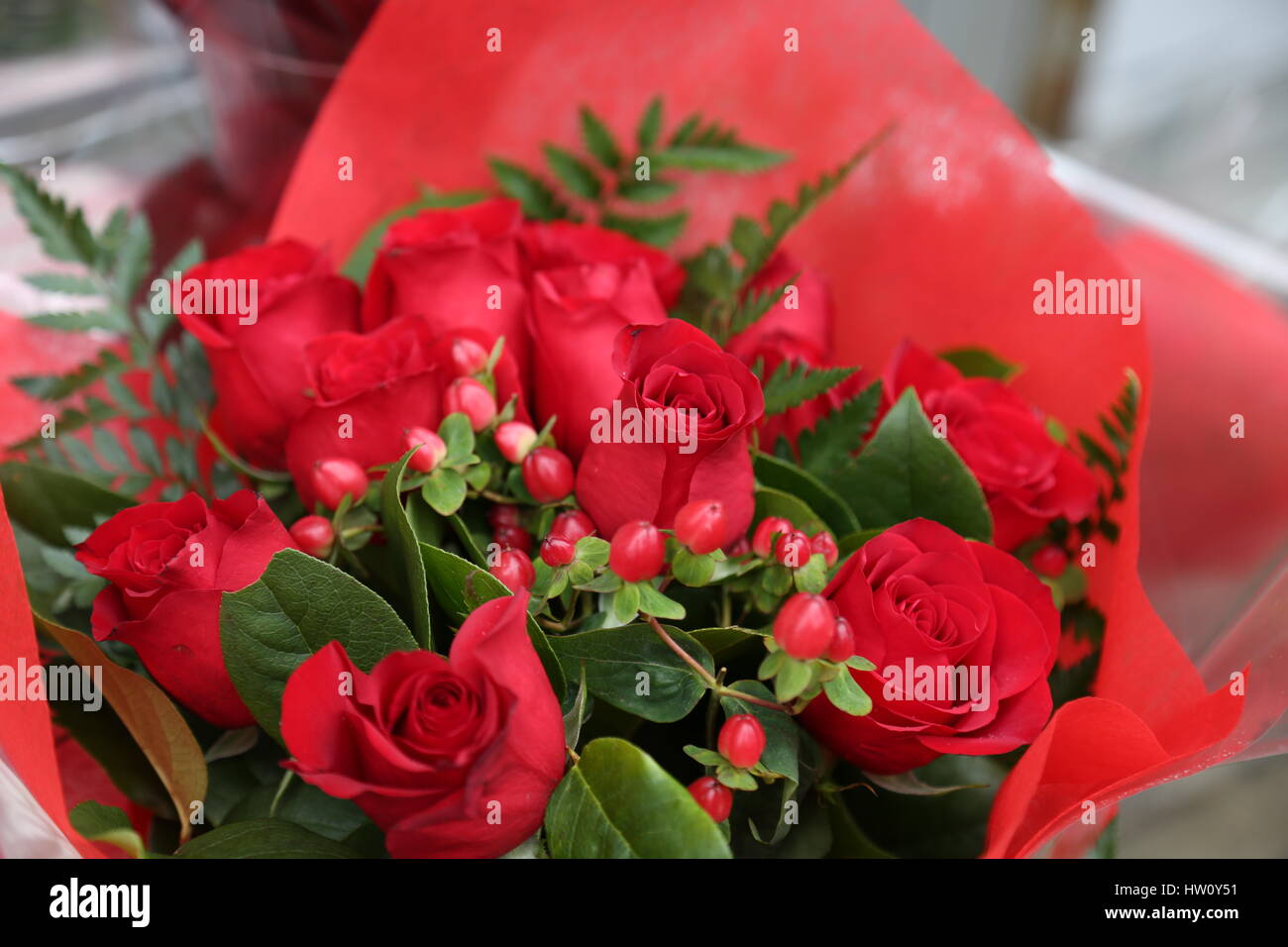 Beautiful bunch red roses closeup Stock Photo - Alamy