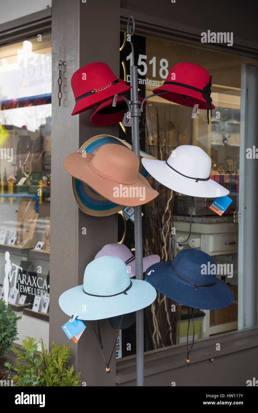 Rack of women spring hats outside a store on Granville Island Stock ...