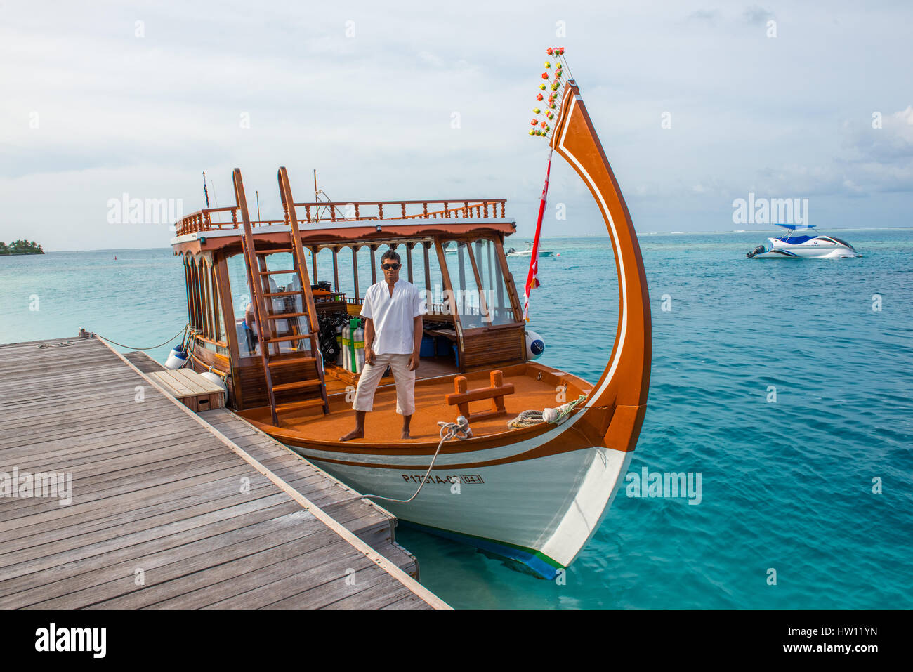 Maldives, Rangali Island. Conrad Hilton Resort. Diving boat Stock Photo ...