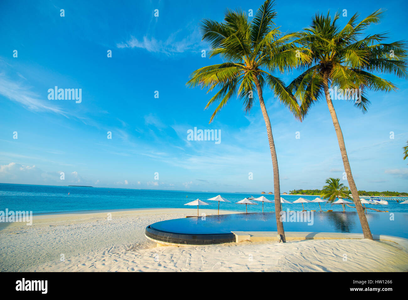 Maldives, Rangali Island. Conrad Hilton Resort. The pool on the beach ...