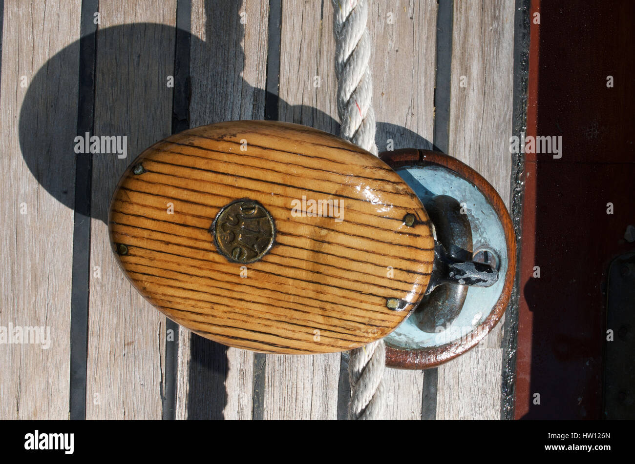 A shiny wooden block on a classic schooner in Maryland Stock Photo - Alamy