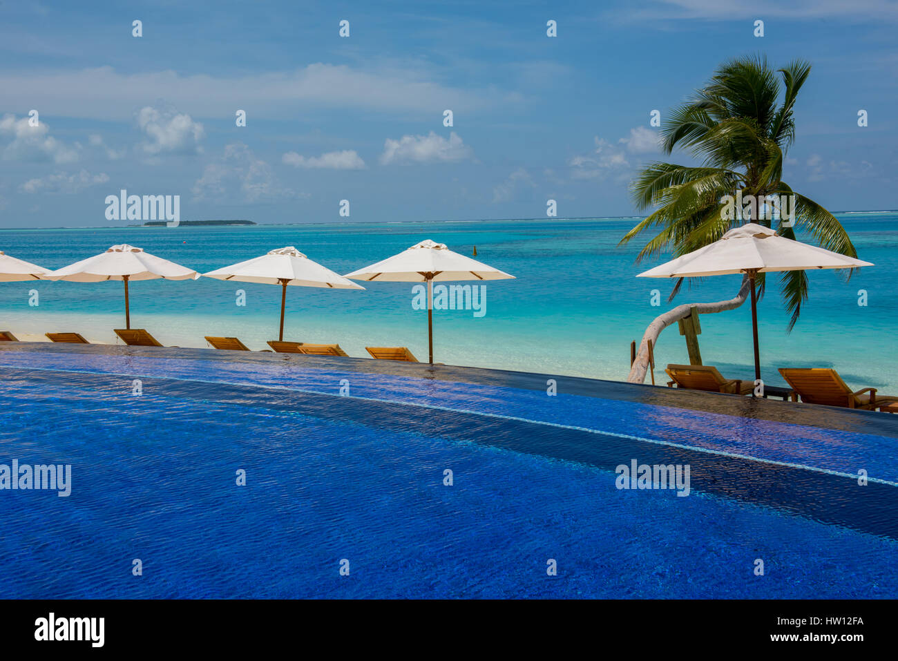 Maldives, Rangali Island. Conrad Hilton Resort. The pool near the ocean ...