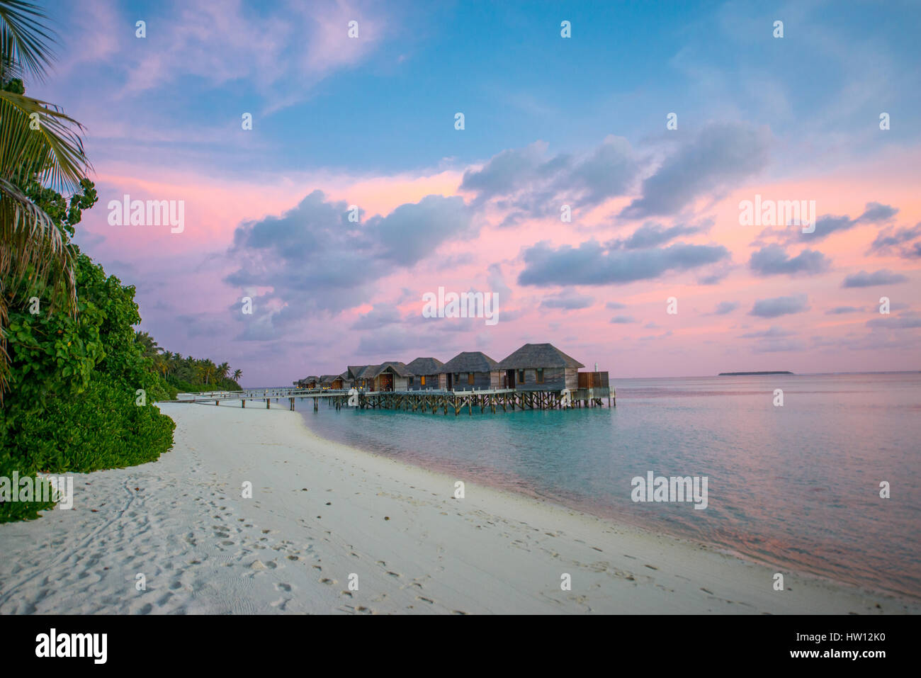 Maldives, Rangali Island. Conrad Hilton Resort. The spa at sunset Stock ...