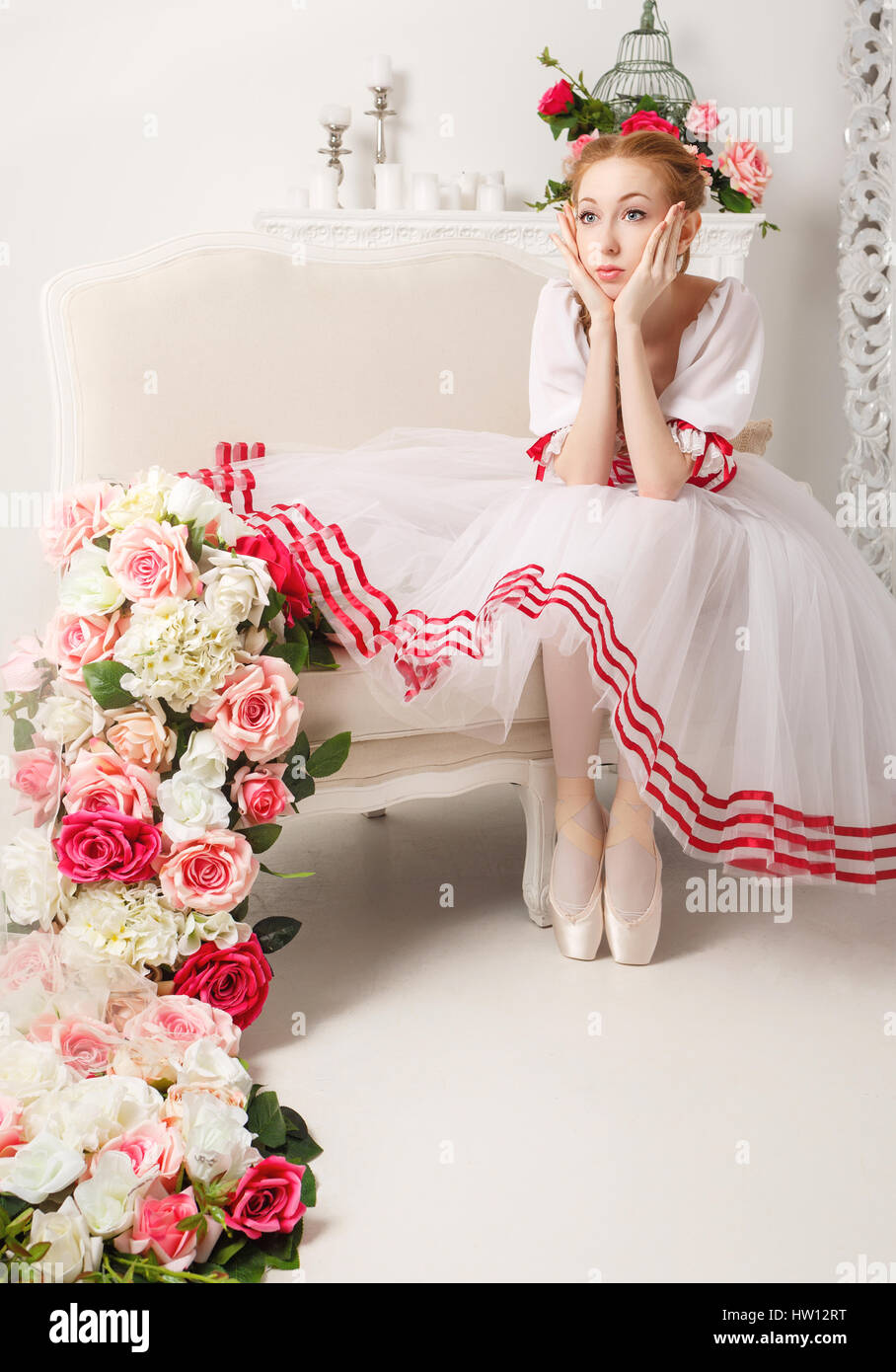Sweet Ballerina In A Stage Costume Is Sad Beside The Bouquets Of Spring