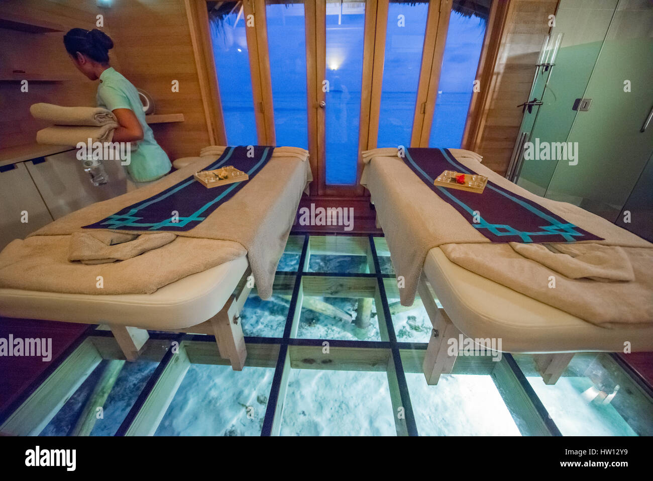 Maldives, Rangali Island. Conrad Hilton Resort. Inside of the spa and ...