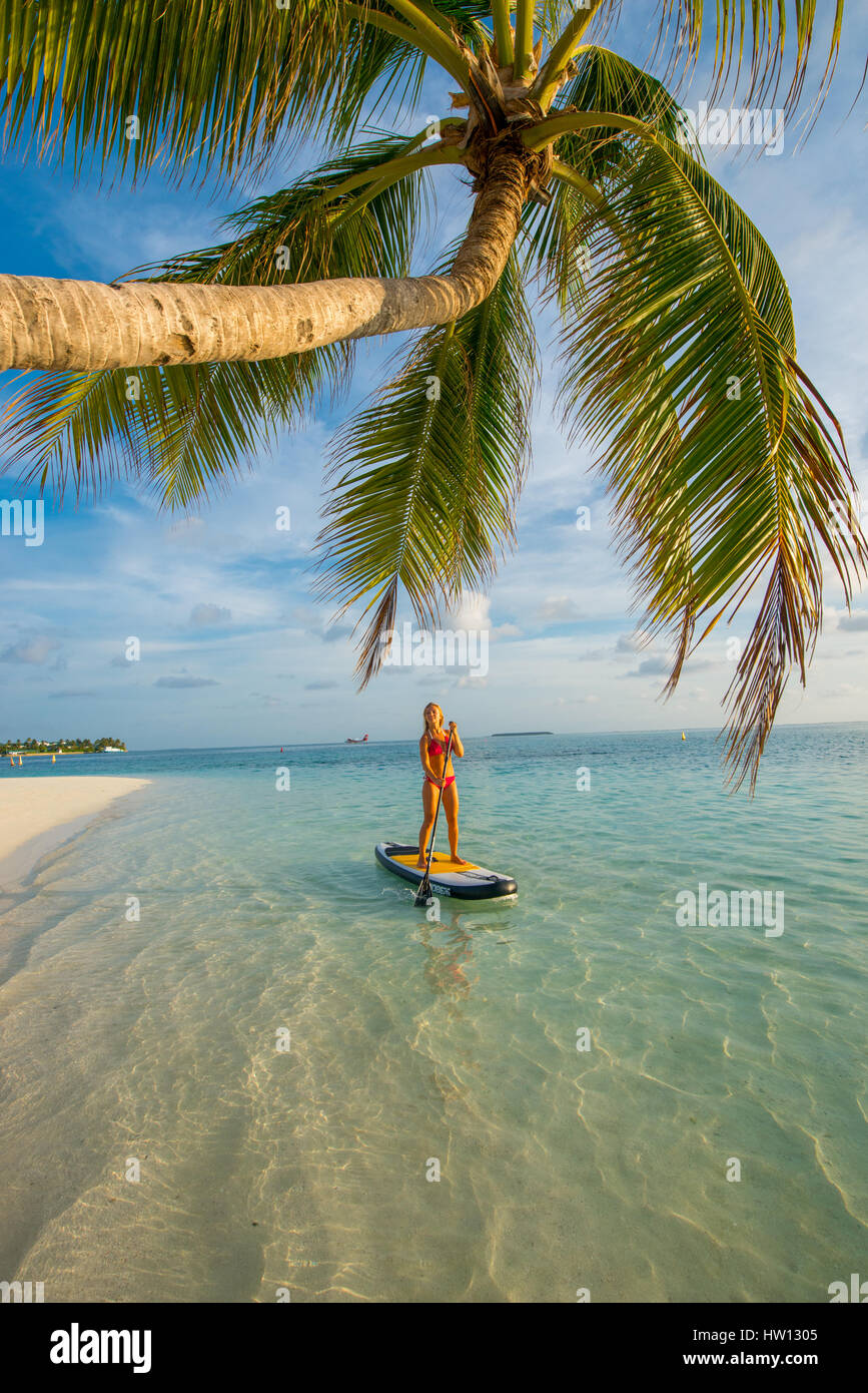Maldives, Rangali Island. Conrad Hilton Resort. Woman on a paddleboard ...