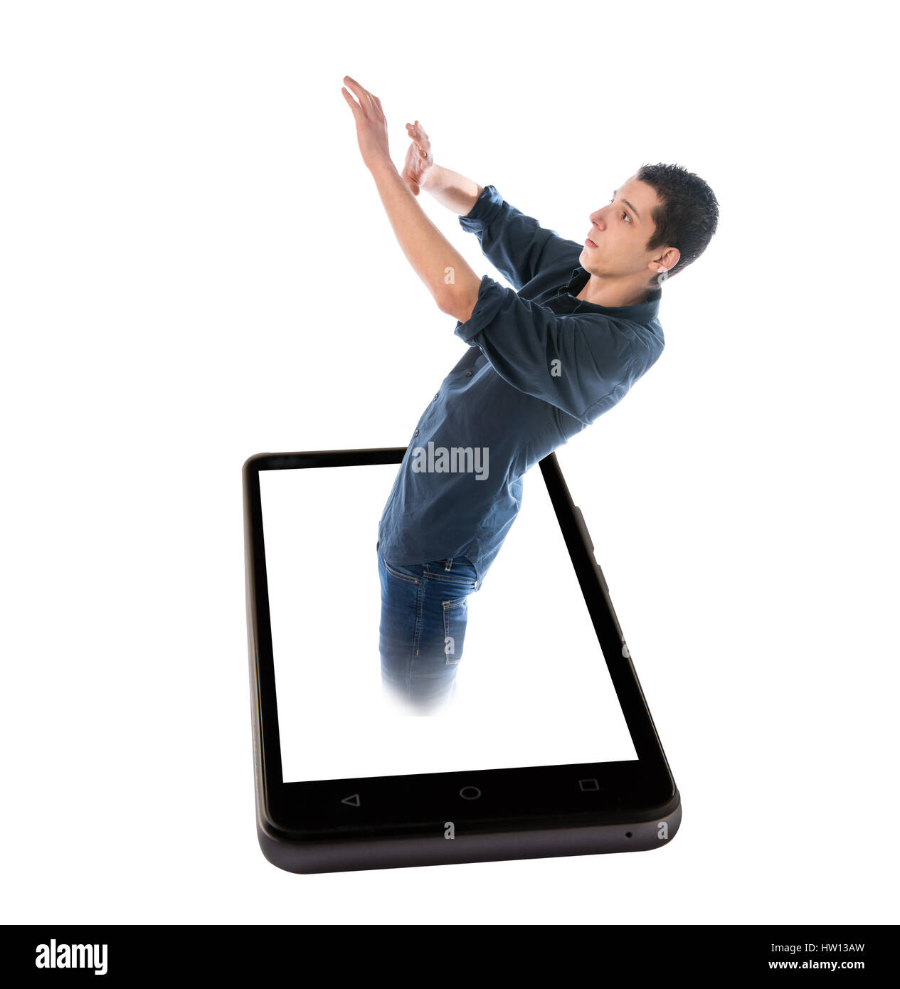 man with scared look coming out of phone Stock Photo - Alamy