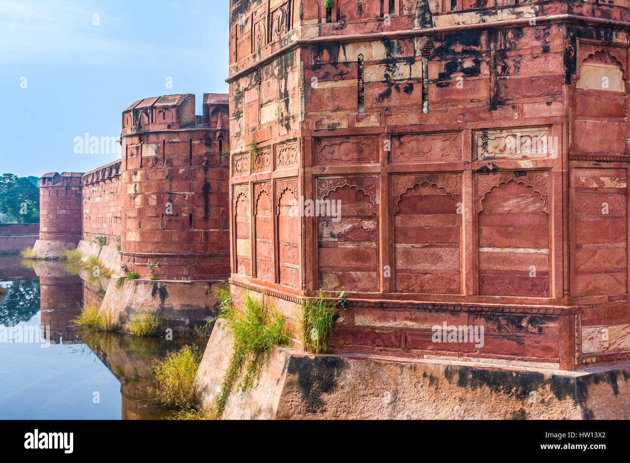 The walls and battlements of the Agra fort built by the Mughals in the ...