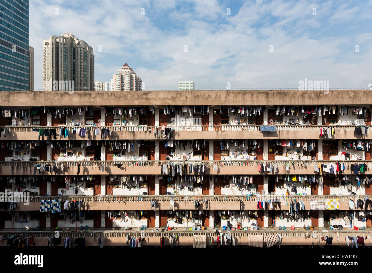 Guangzhou, China. December 2016. Balconies of a dormitory building at ...