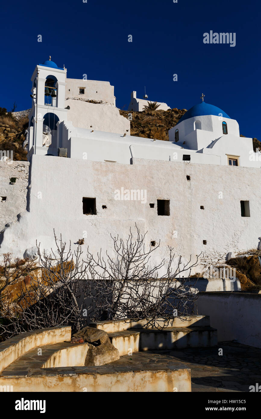 Traditional churches in Chora village on Ios island, Greece Stock Photo ...