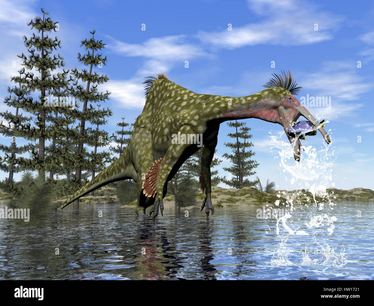 Deinocheirus dinosaur fishing by day - 3D render Stock Photo - Alamy