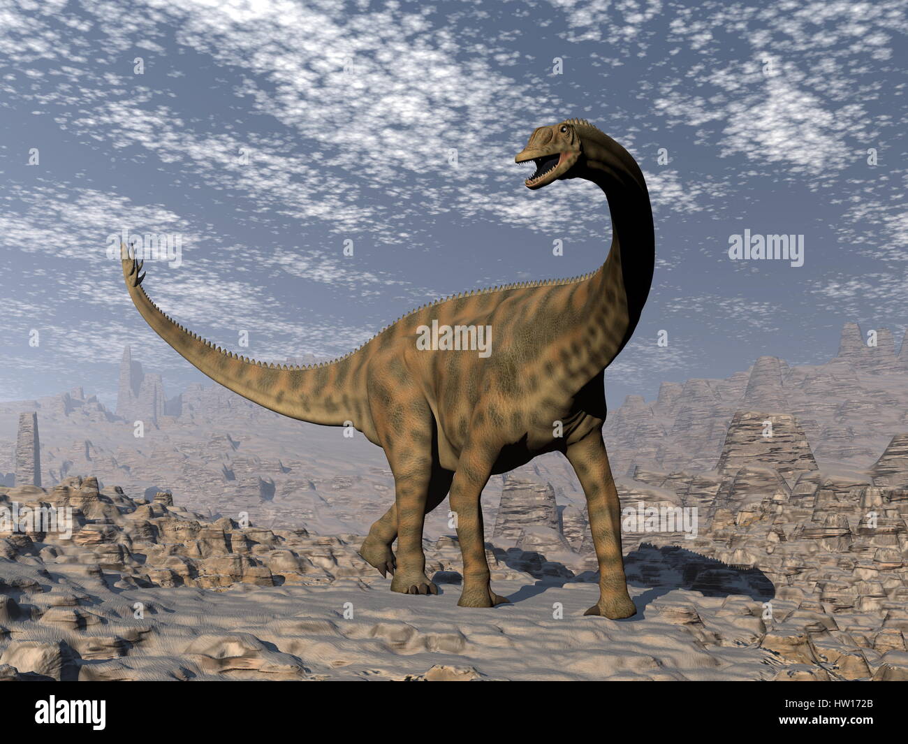 Spinophorosaurus dinosaur walking in the desert by day- 3D render Stock ...