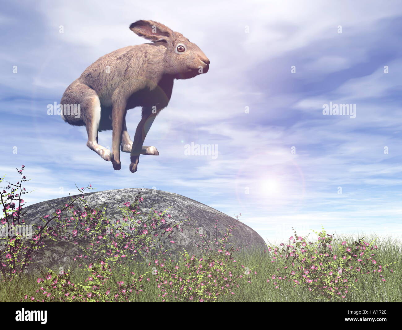Hare jumping over a rock by sunny day - 3D render Stock Photo - Alamy