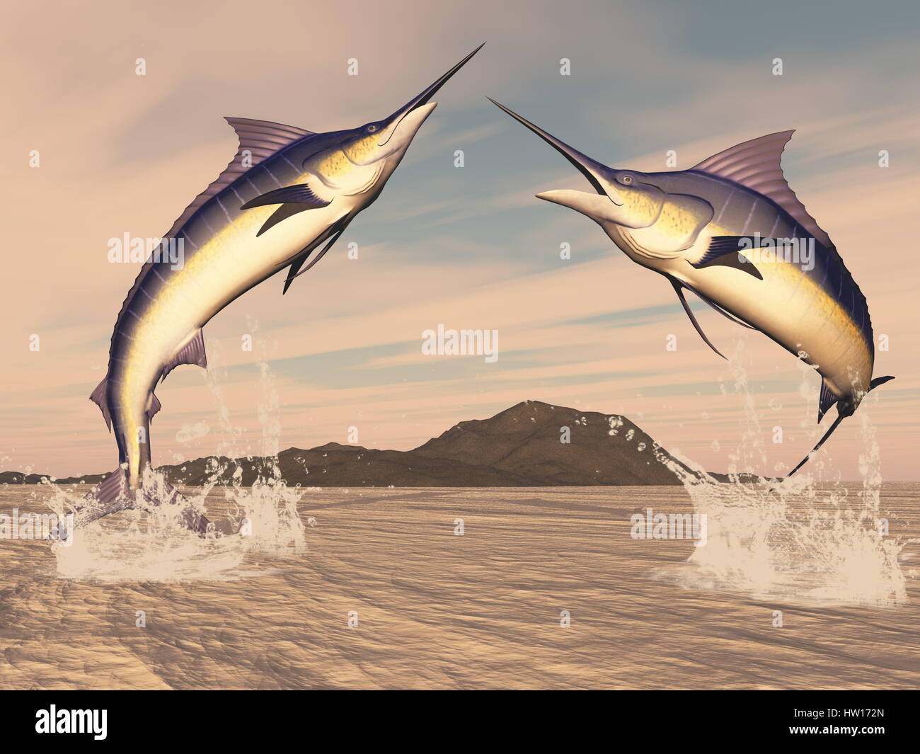 Marlin fishes danse by sunset - 3D render Stock Photo - Alamy