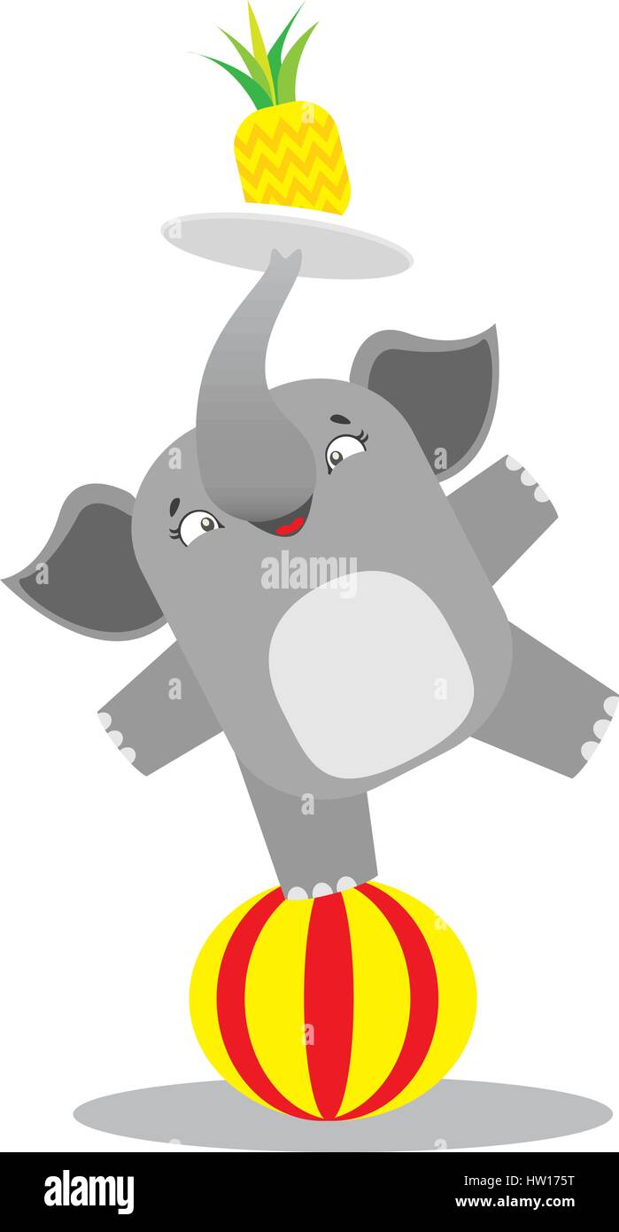 Circus elephant balancing on a striped ball with the pineapple on the ...
