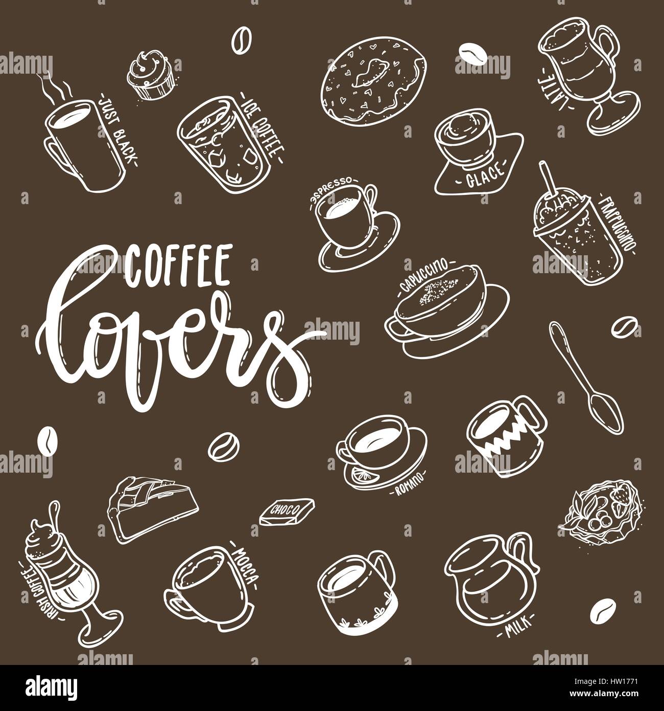 hand drawn lettering Coffee Lovers pattern with doodle dessert. white ...