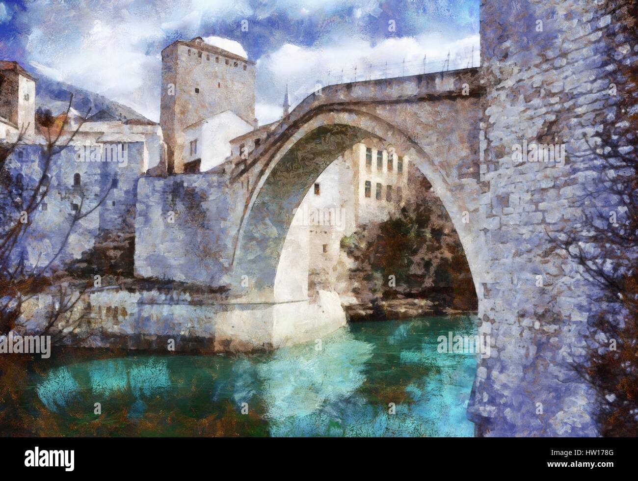 Digital Painting, oil on canvas, of Stari Most (Old Bridge), almost 500 ...