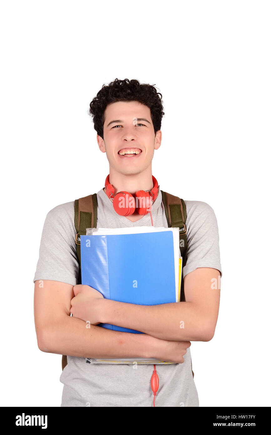 Portrait of young student holding notebook. Isolated white background ...