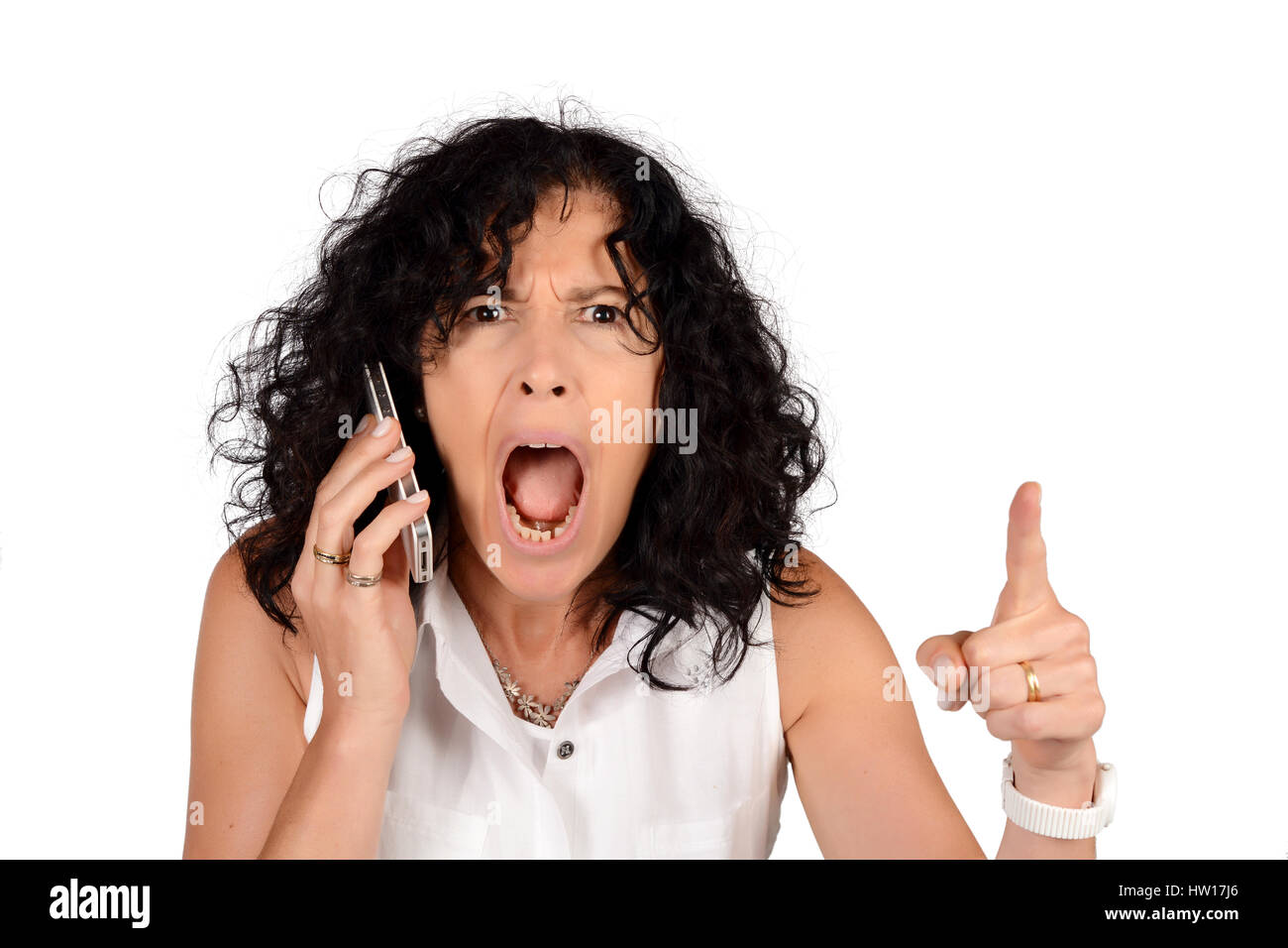 Portrait of beautiful woman talking on phone. Isolated white background ...