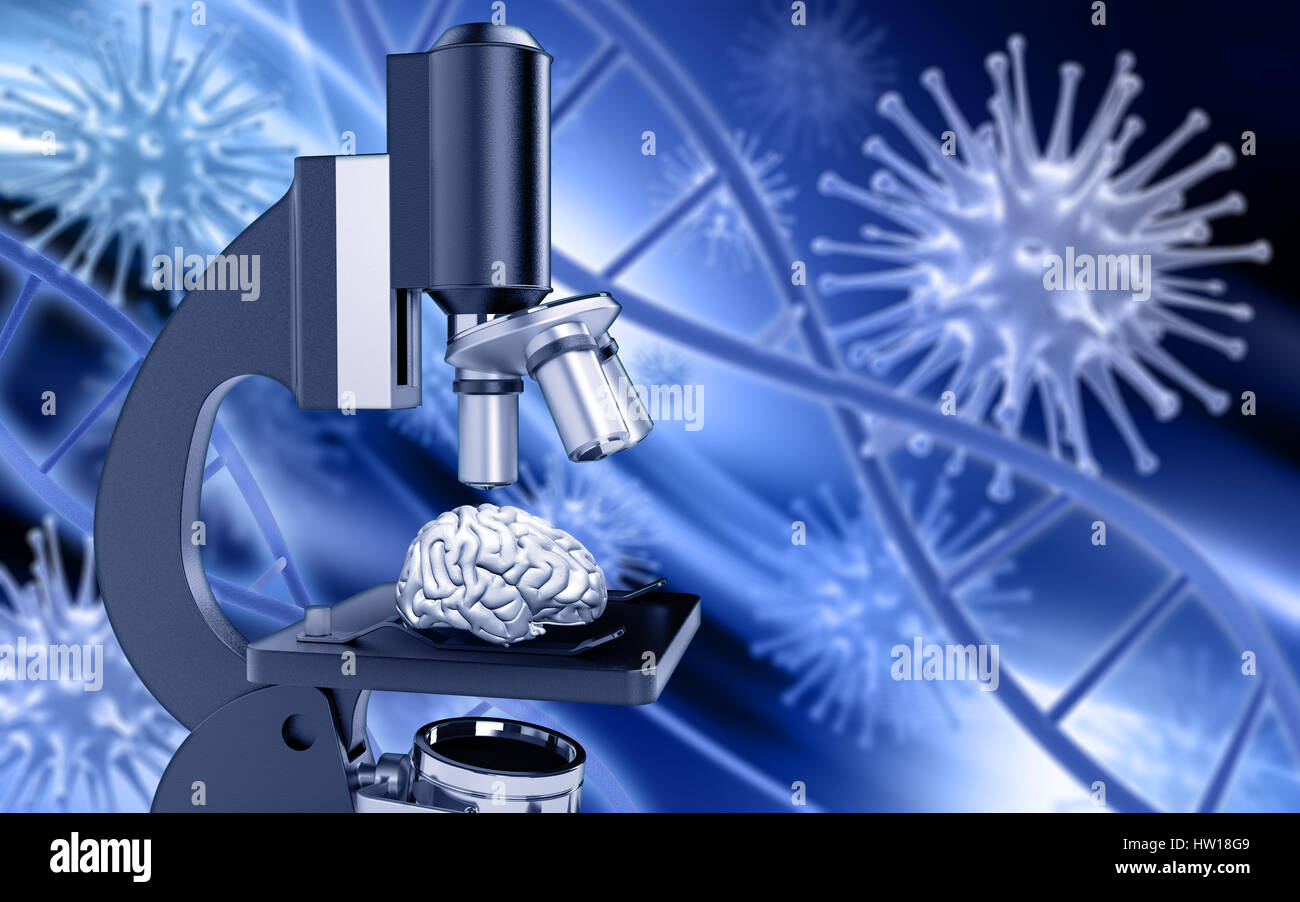 3d Medical Background With Brain Under Microscope Depicting Alzheimers