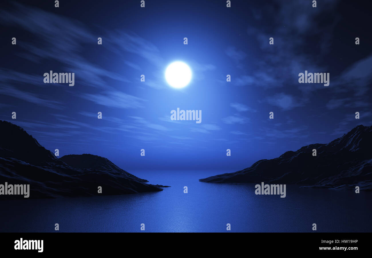 3D render of a landscape with lake and mountains at night Stock Photo ...