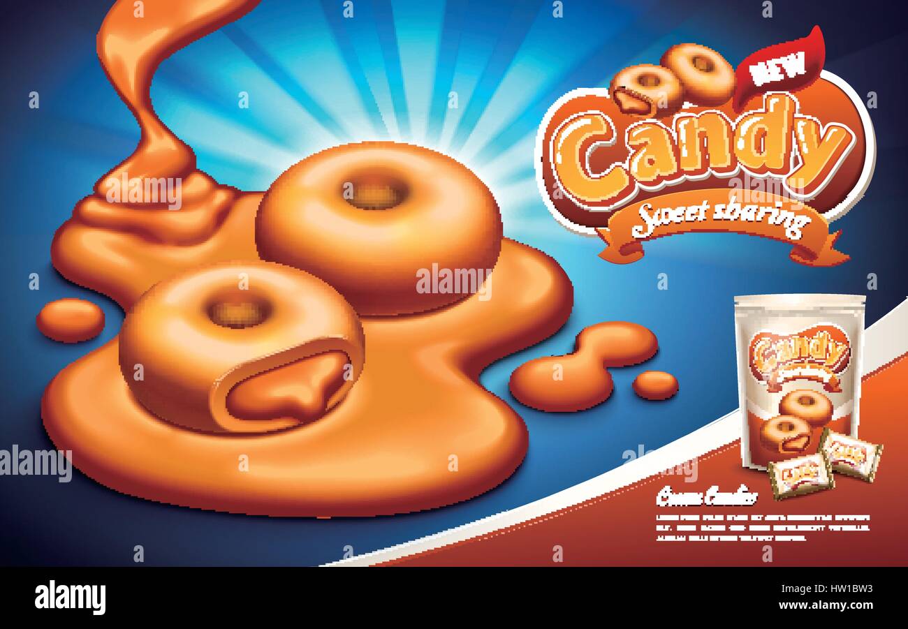 flavored candy ad with candy elements, blue background Stock Vector ...