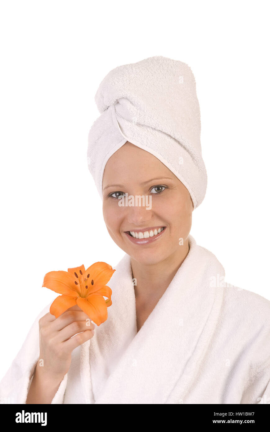 Woman holds a lily in the hand, Frau h‰lt eine Lilie in der Hand Stock ...