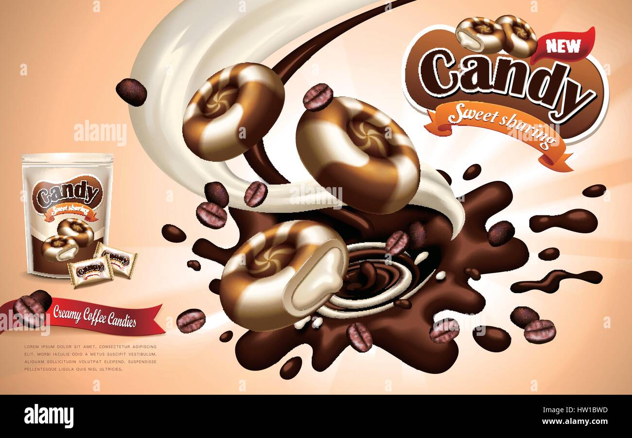 coffee flavored candy ad with candy and milk elements, orange ...