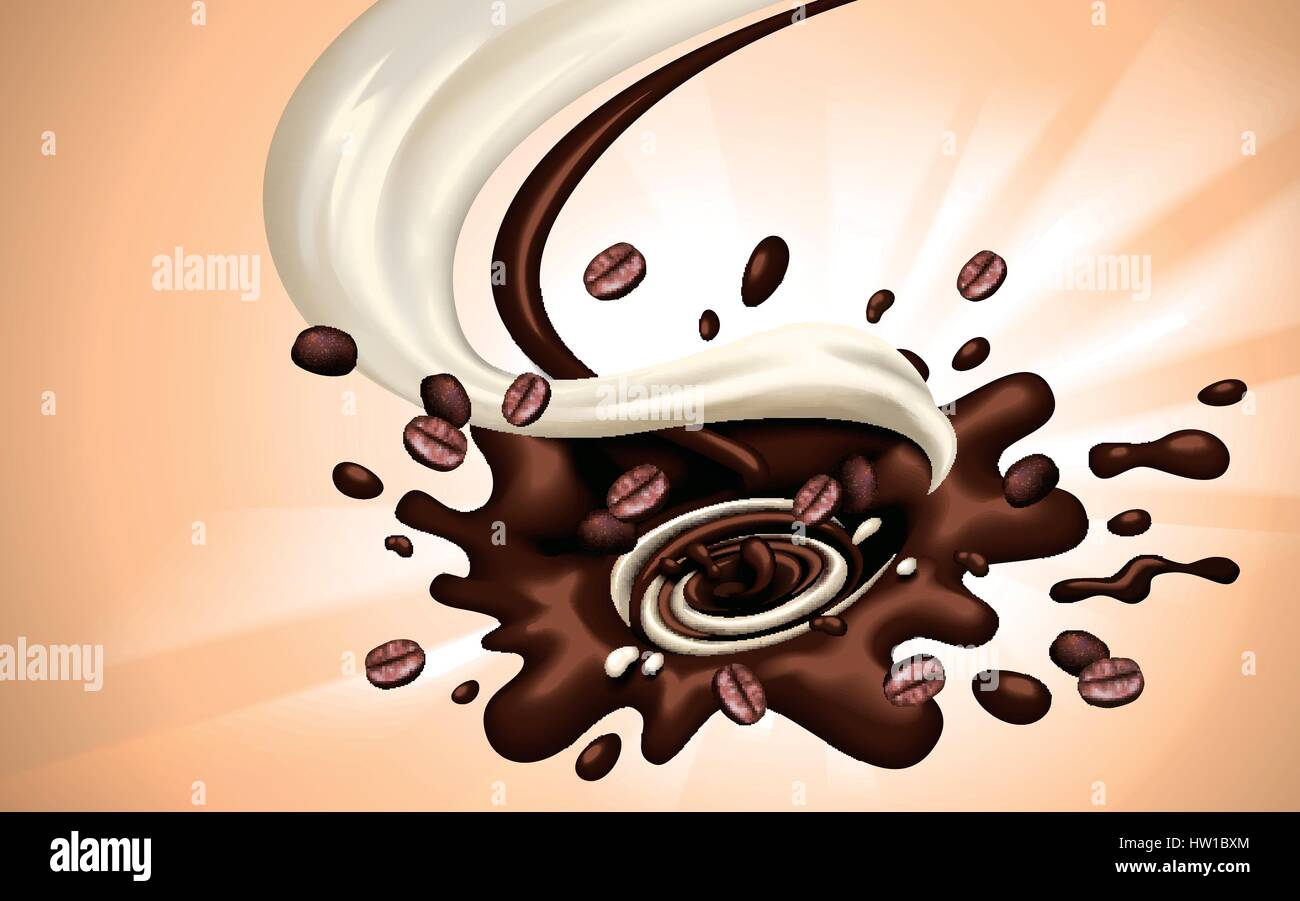 liquid milk and coffee flow mixed in a whirlpool, orange background, 3d ...