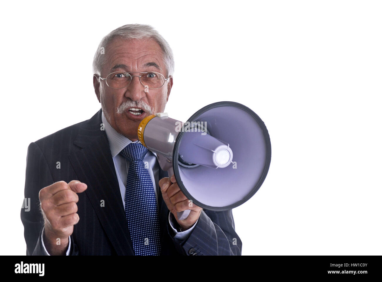 Pensioner with megaphone, Rentner mit Megaphon Stock Photo - Alamy