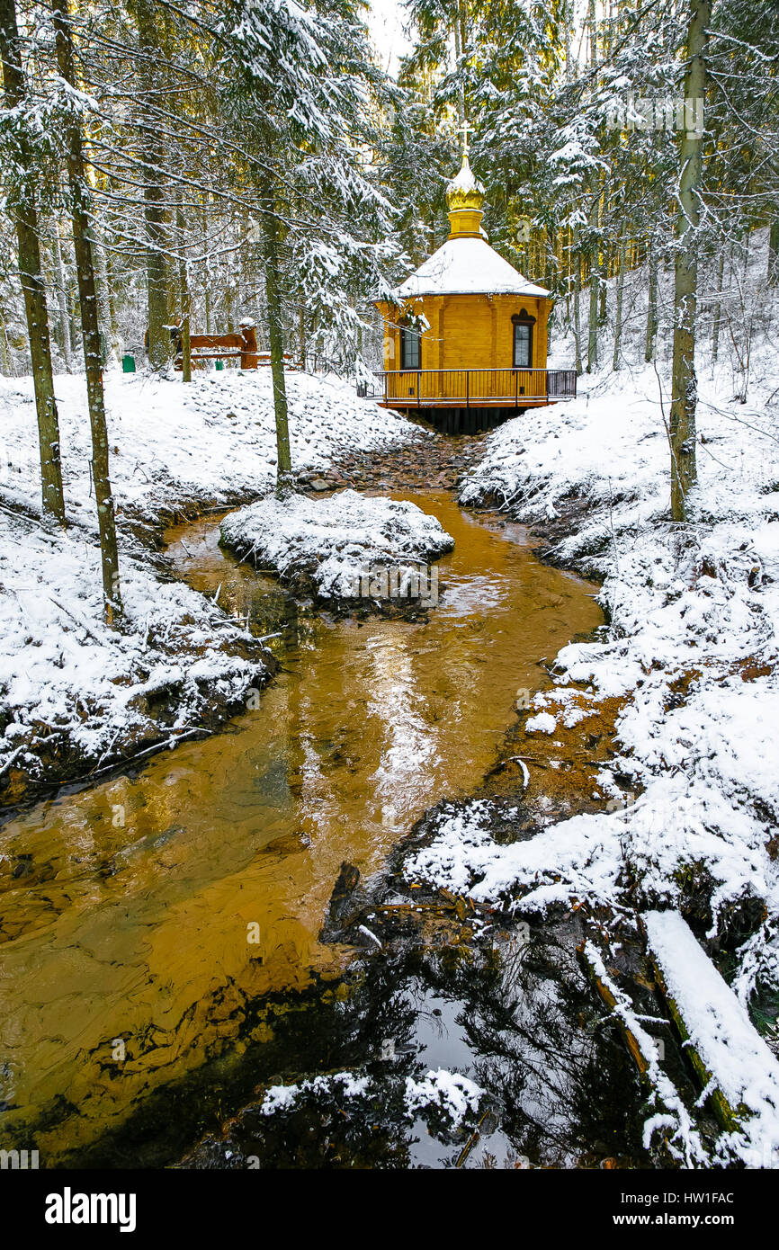 Winter landscape with small river near alcove in a forest Stock Photo ...
