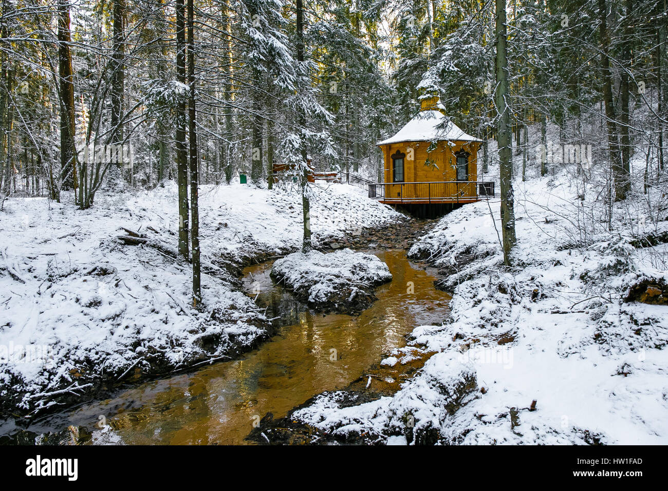 Winter landscape with small river near alcove in a forest Stock Photo ...