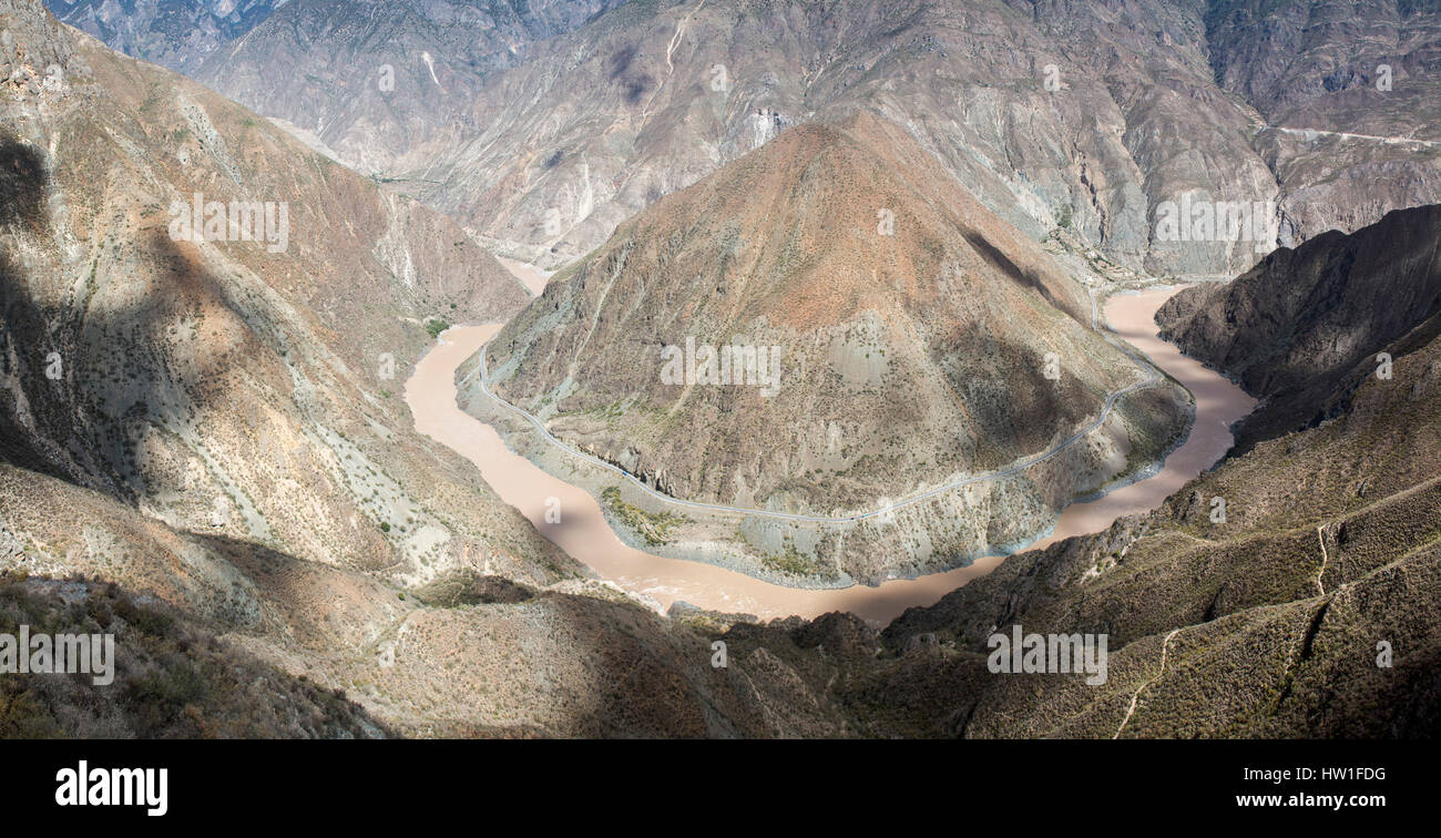 Aerial view of first turn of the mighty Yangtze river, Yunnan province ...