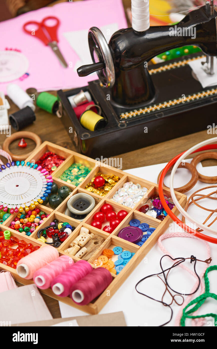 sewing machine and set of accessories to embroidery, haberdashery ...