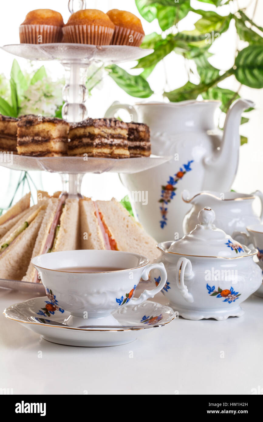 High tea set with dessert, afternoon tea set Stock Photo - Alamy